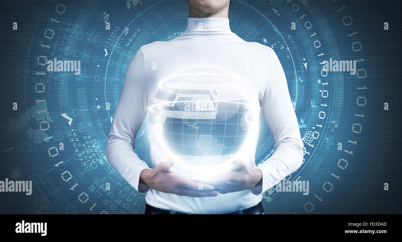 Young man holding digital Earth planet in hands Stock Photo - Alamy