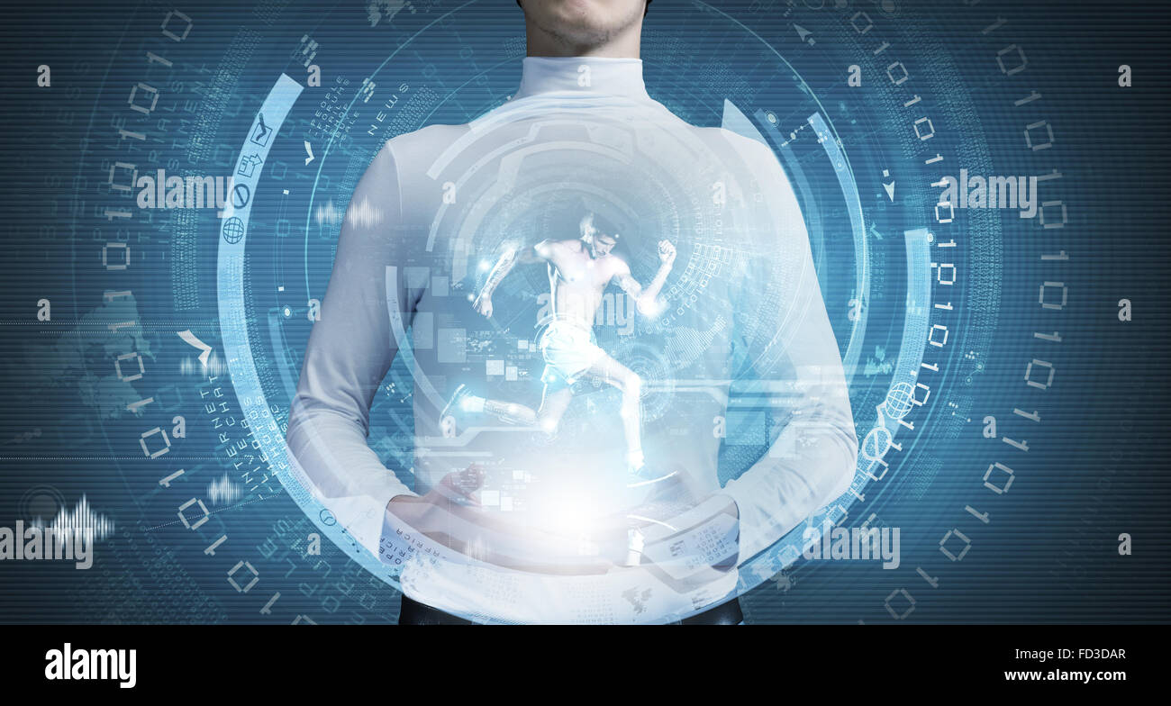 Close up of young man body and digital images of running man Stock ...