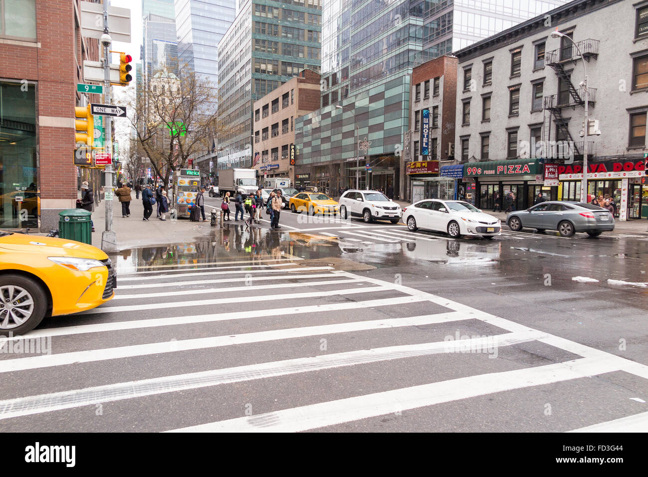 Yellow Puddle Iconic New York Yellow Taxis In Times Square, Manhattan