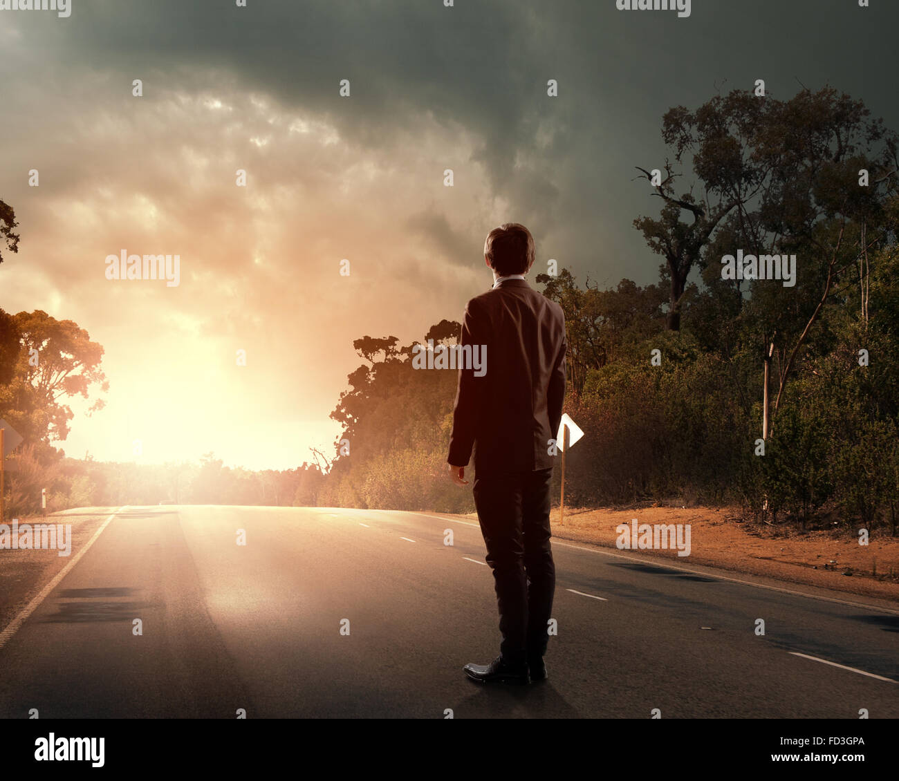 Back view of businessman standing on road and looking far away Stock ...