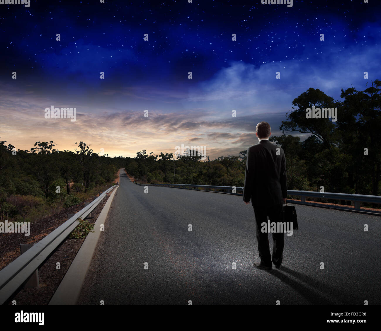 Back view of businessman standing on road and looking far away Stock ...