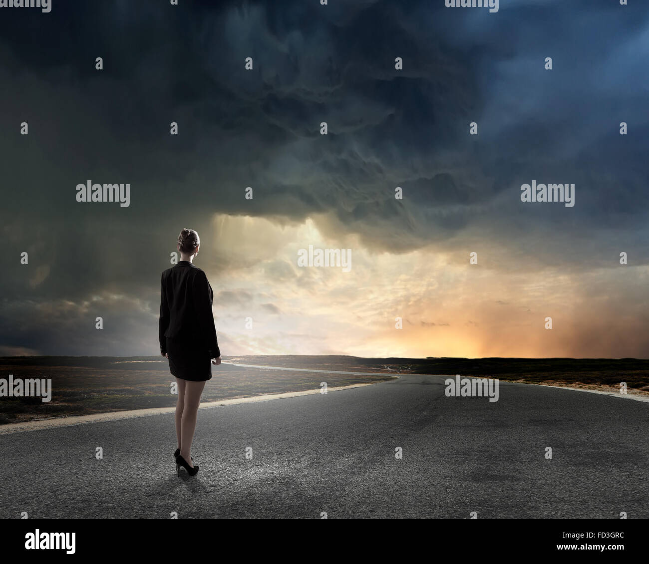 Back view of businesswoman standing on road and looking far away Stock ...