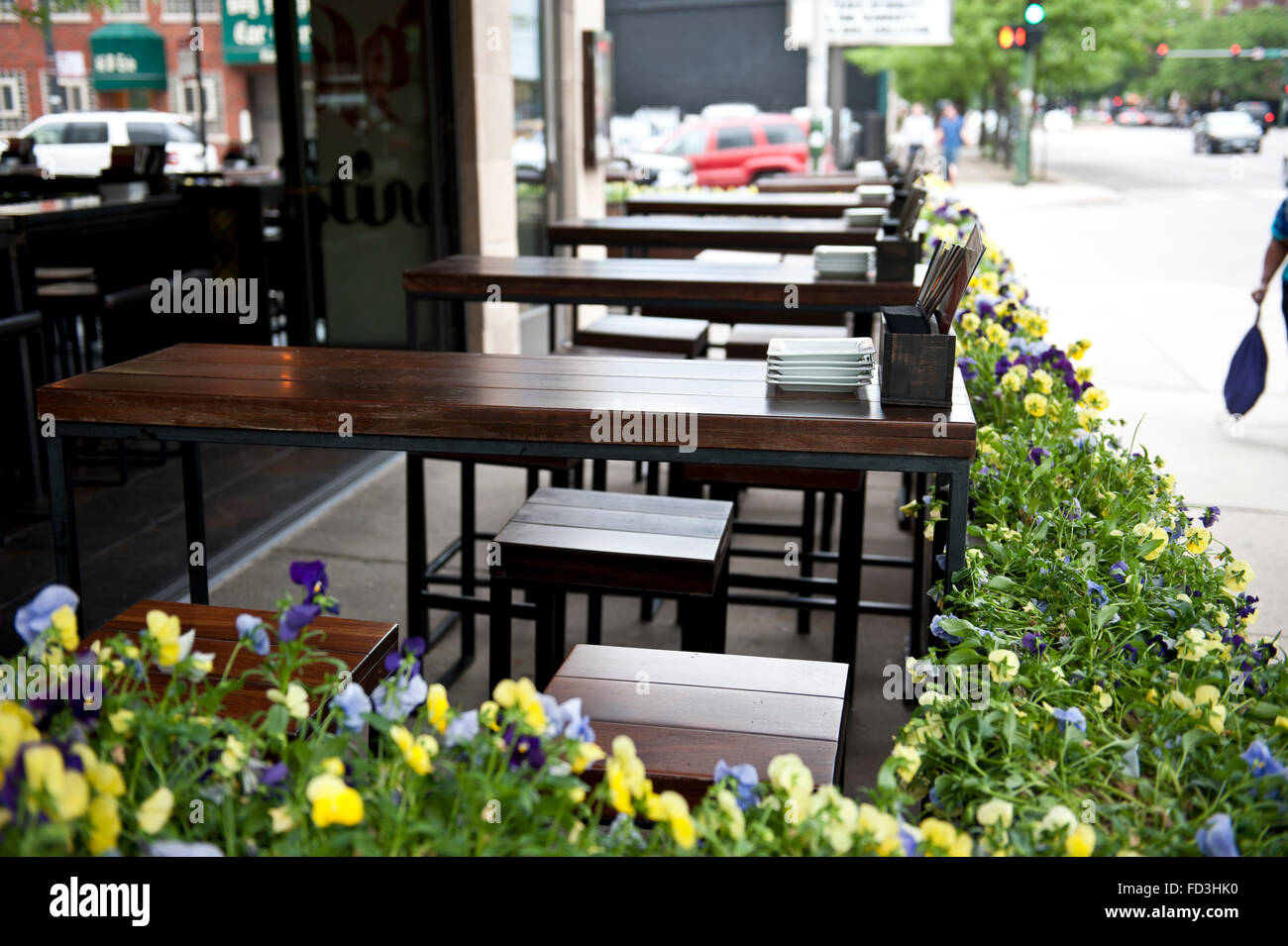 A roadside restaurant and cafe in Chicago, Illinois. Chairs and tables ...