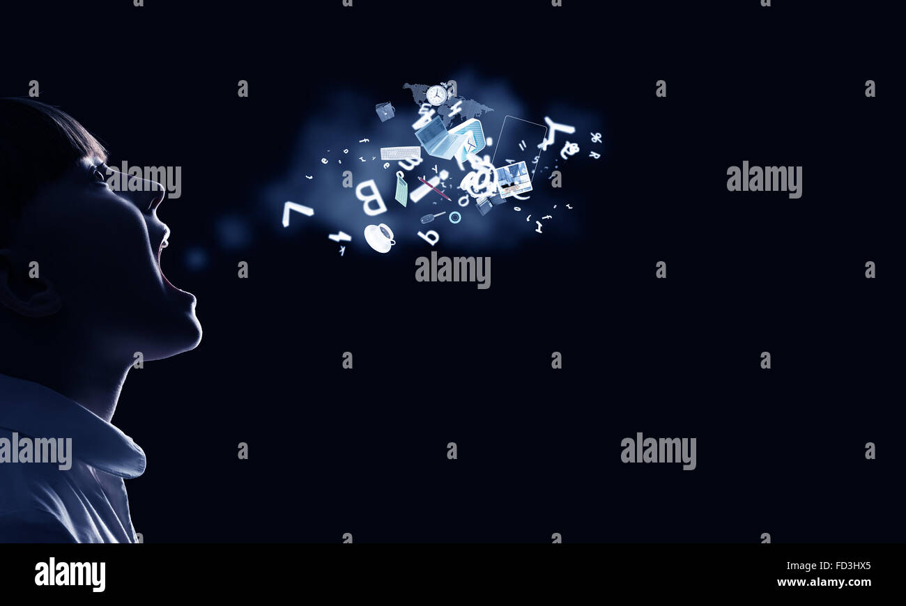 Side view of cute screaming girl against dark background Stock Photo ...