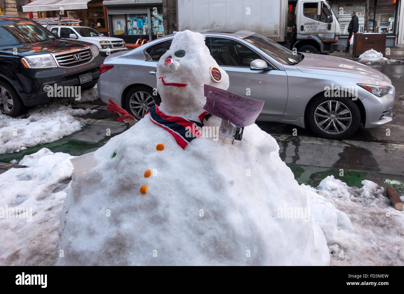Snowman made from winter storm Jonas snow in New York City Stock Photo ...