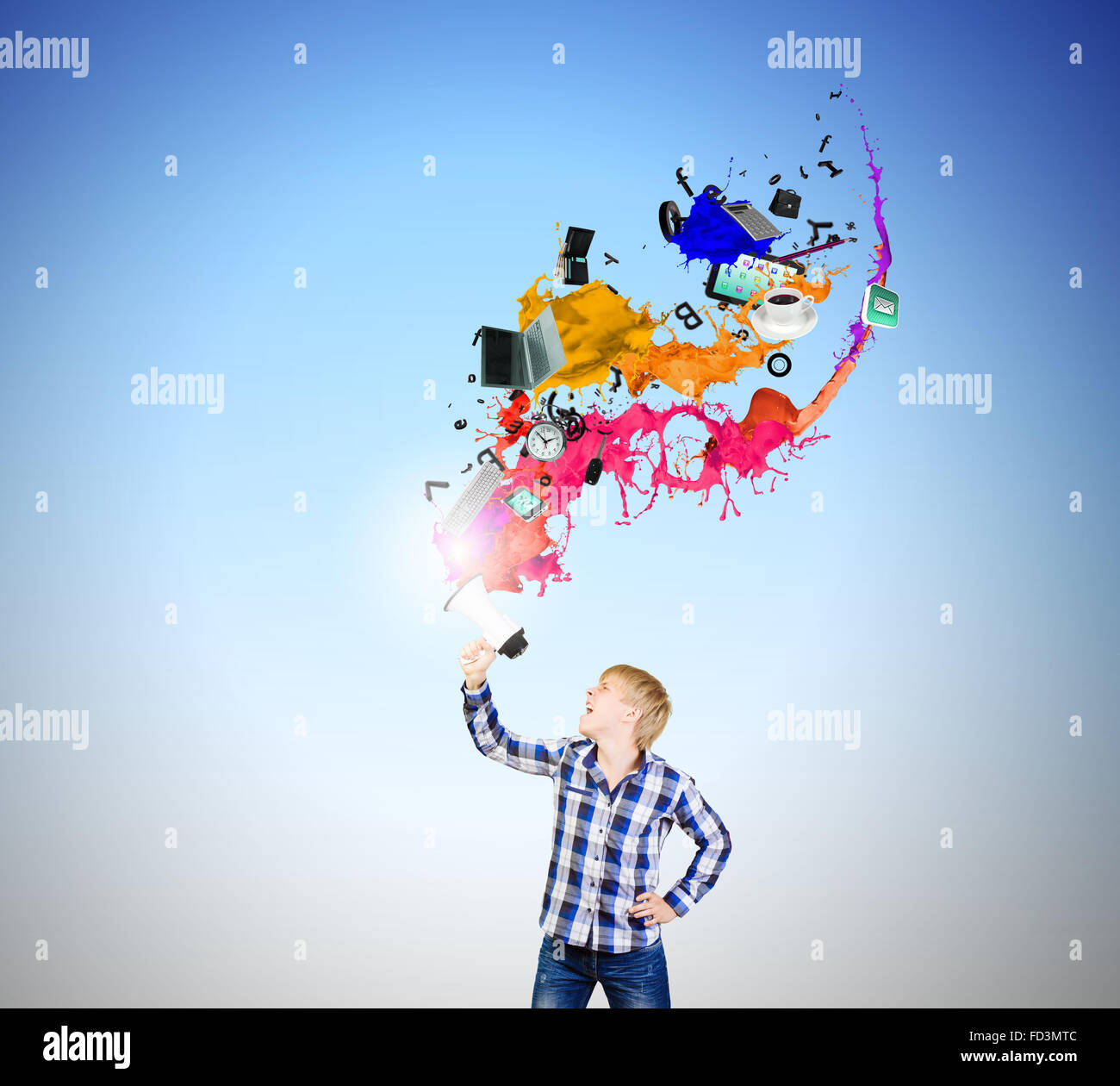Young man in casual announcing something in megaphone Stock Photo - Alamy