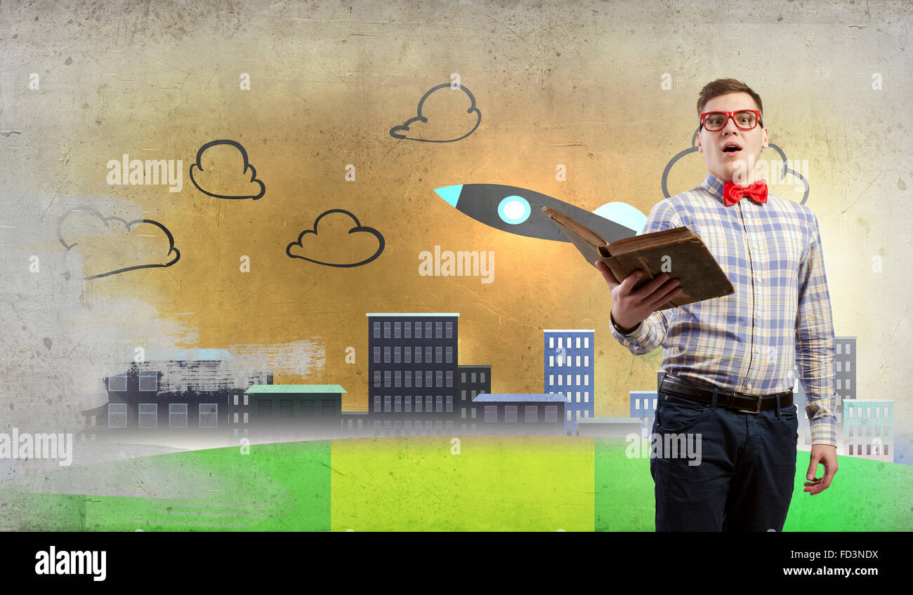 Young funny science man in red glasses Stock Photo - Alamy