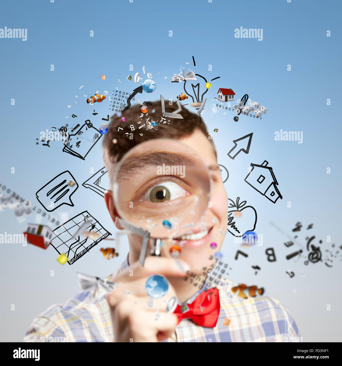 Young funny science man looking in magnifier Stock Photo - Alamy