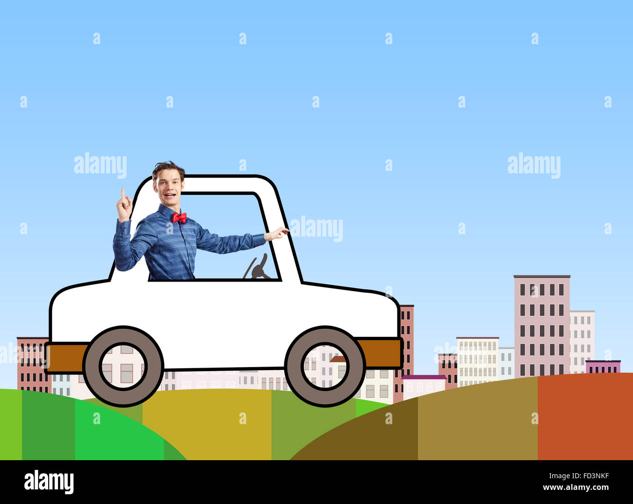 Young funny man driving little drawn car Stock Photo - Alamy