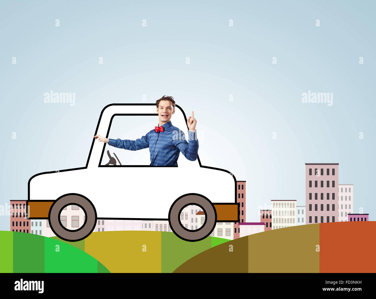 Young funny man driving little drawn car Stock Photo - Alamy