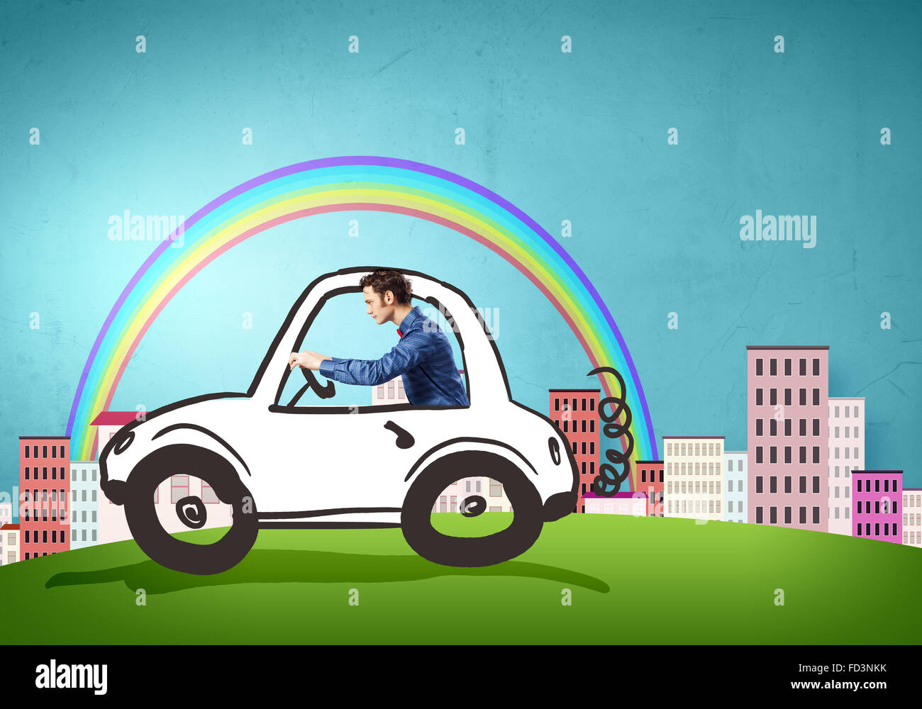 Young funny man driving little drawn car Stock Photo - Alamy