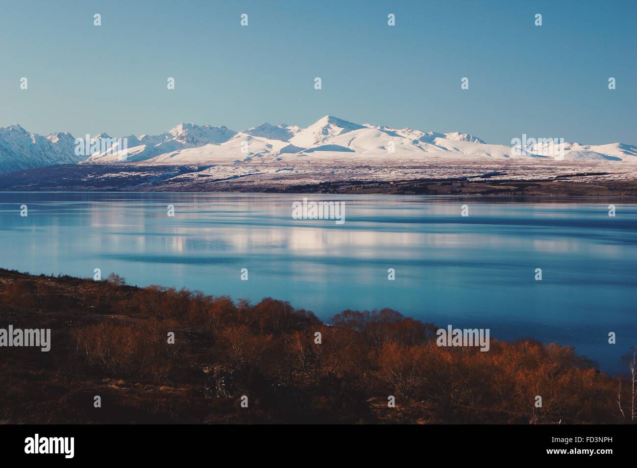 Blue water reflection of snow capped mountains and orange bracken on ...