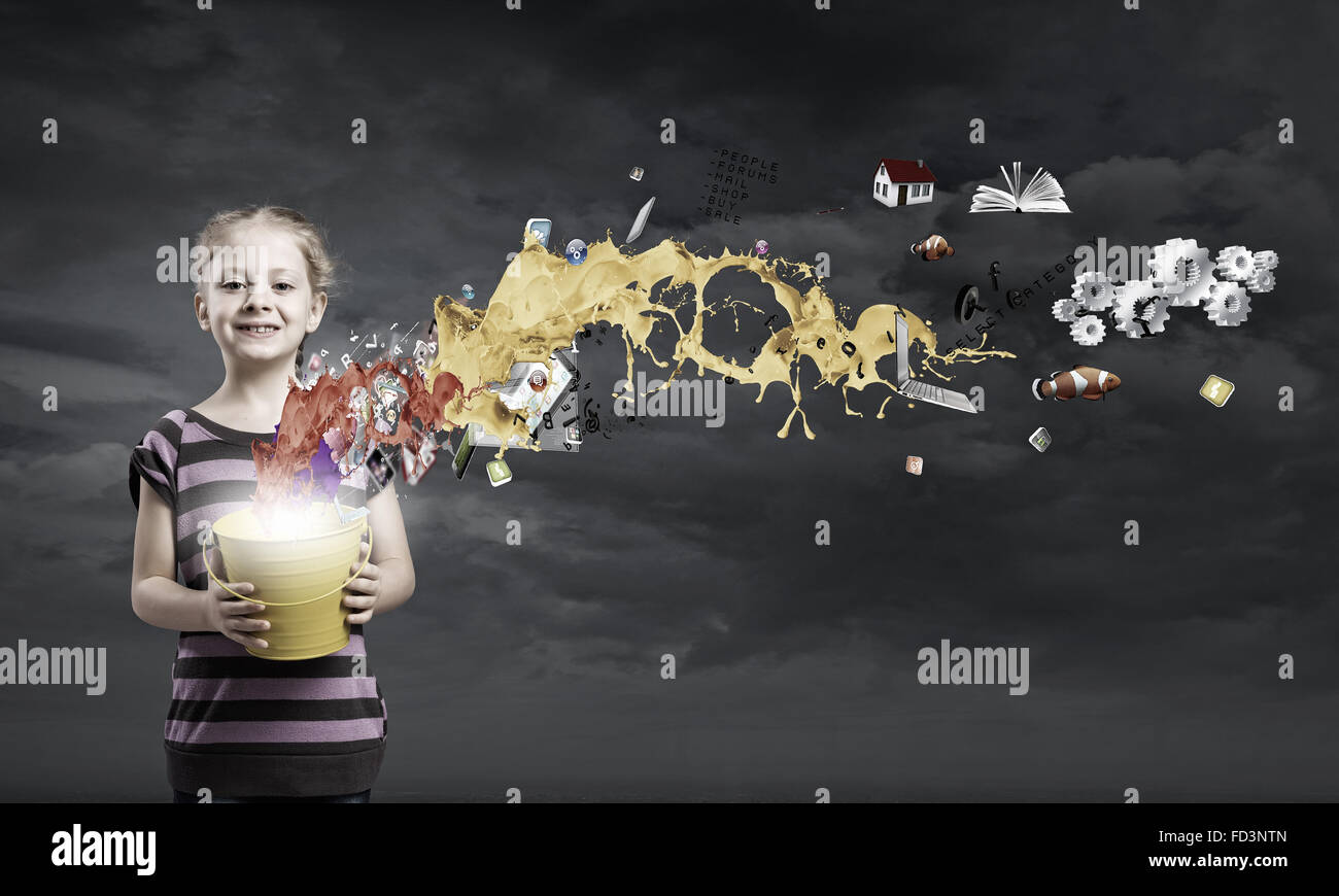 Cute girl with bucket and colorful springs coming out Stock Photo - Alamy