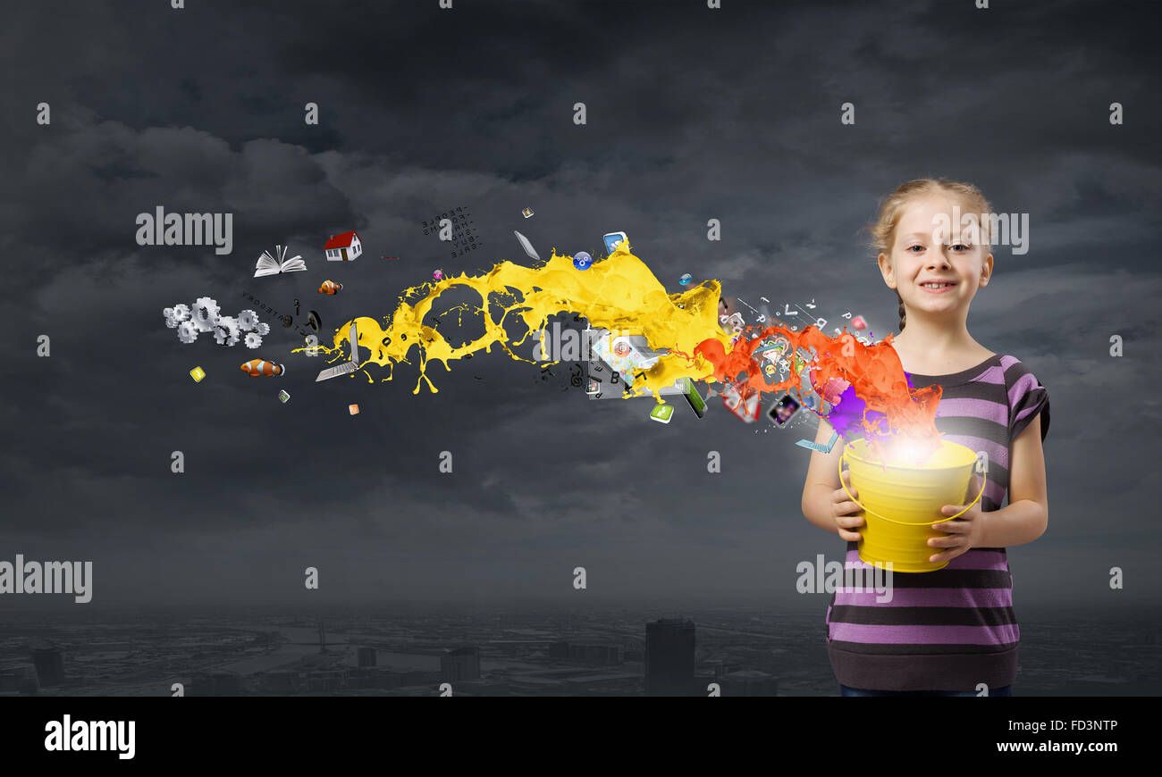 Cute girl with bucket and colorful springs coming out Stock Photo - Alamy