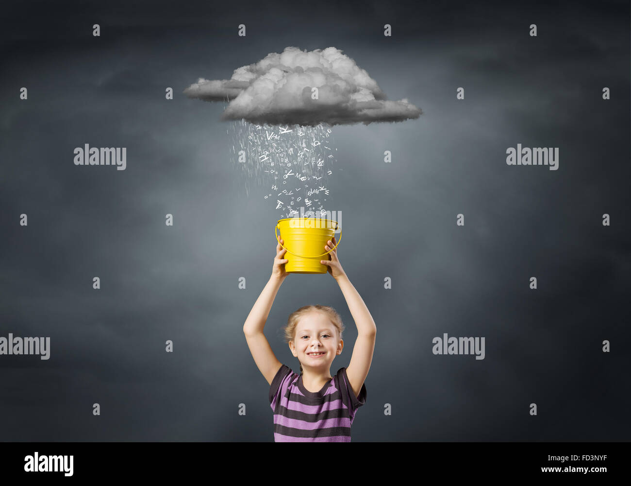 Little cute girl catching pouring characters with bucket Stock Photo ...