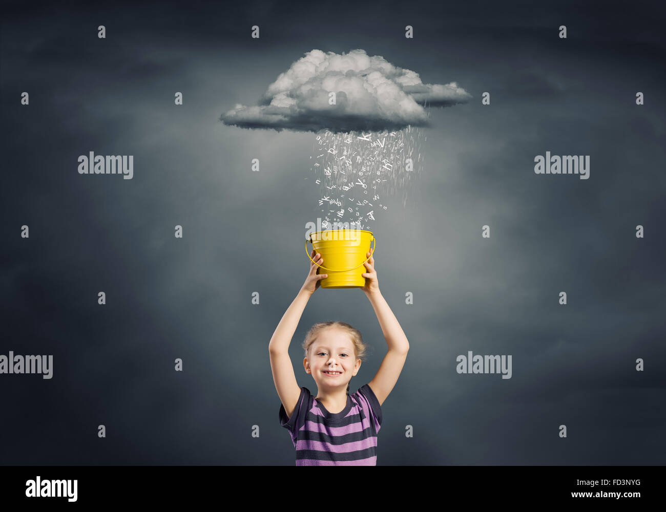 Little cute girl catching pouring characters with bucket Stock Photo ...