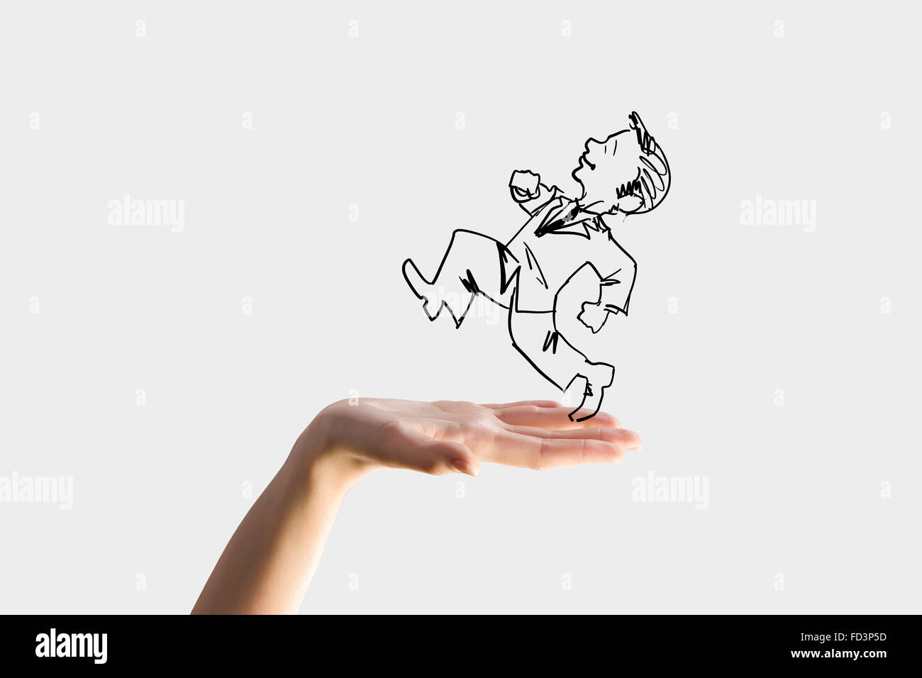 Caricature of businessman running on human hand Stock Photo - Alamy