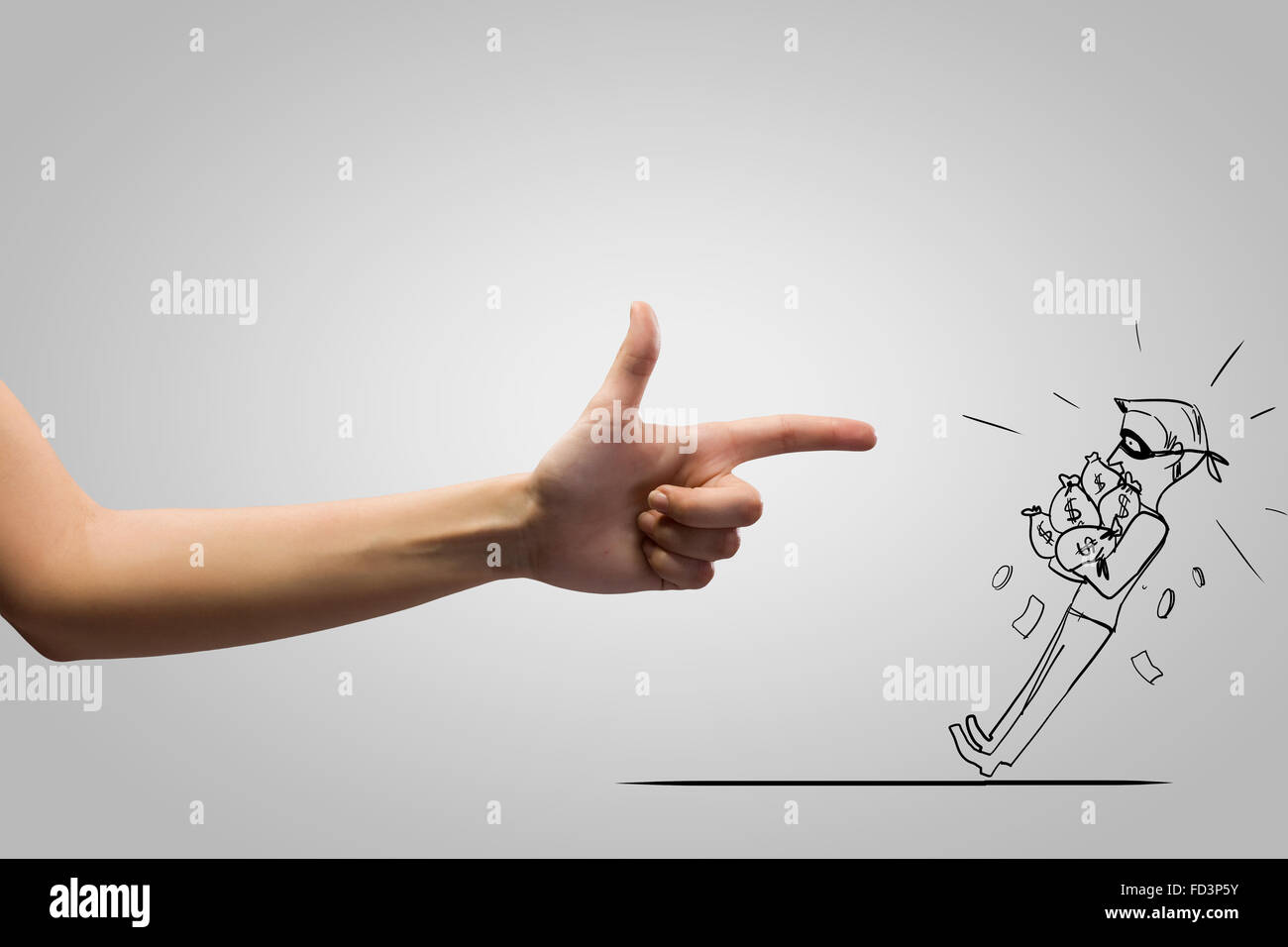 Close up of human hand attacking businessman caricature Stock Photo - Alamy