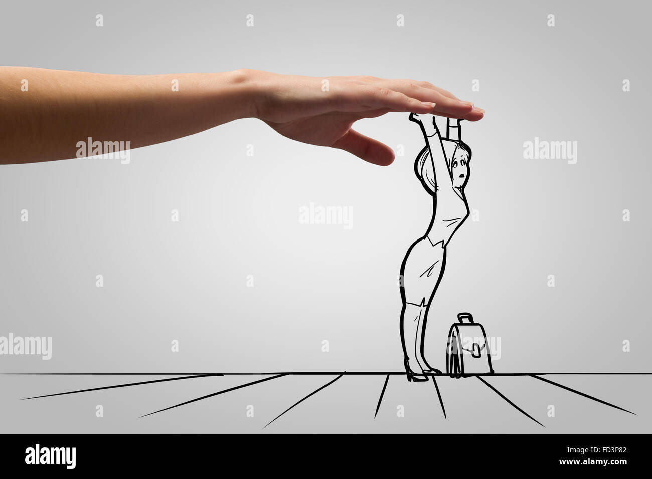Human hand and funny caricature of businesswoman Stock Photo - Alamy