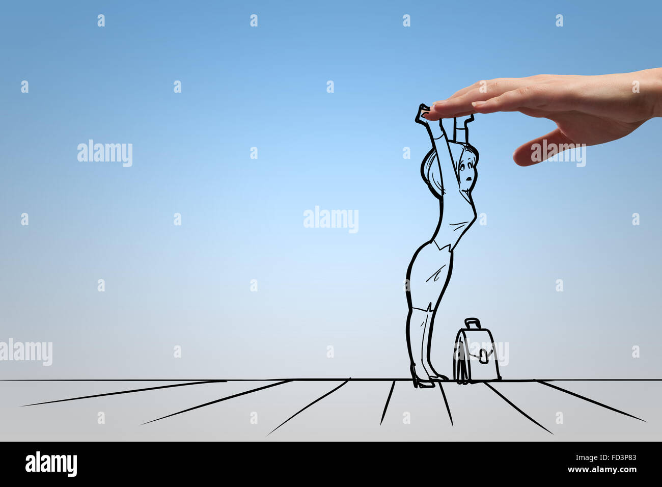 Human hand and funny caricature of businesswoman Stock Photo - Alamy
