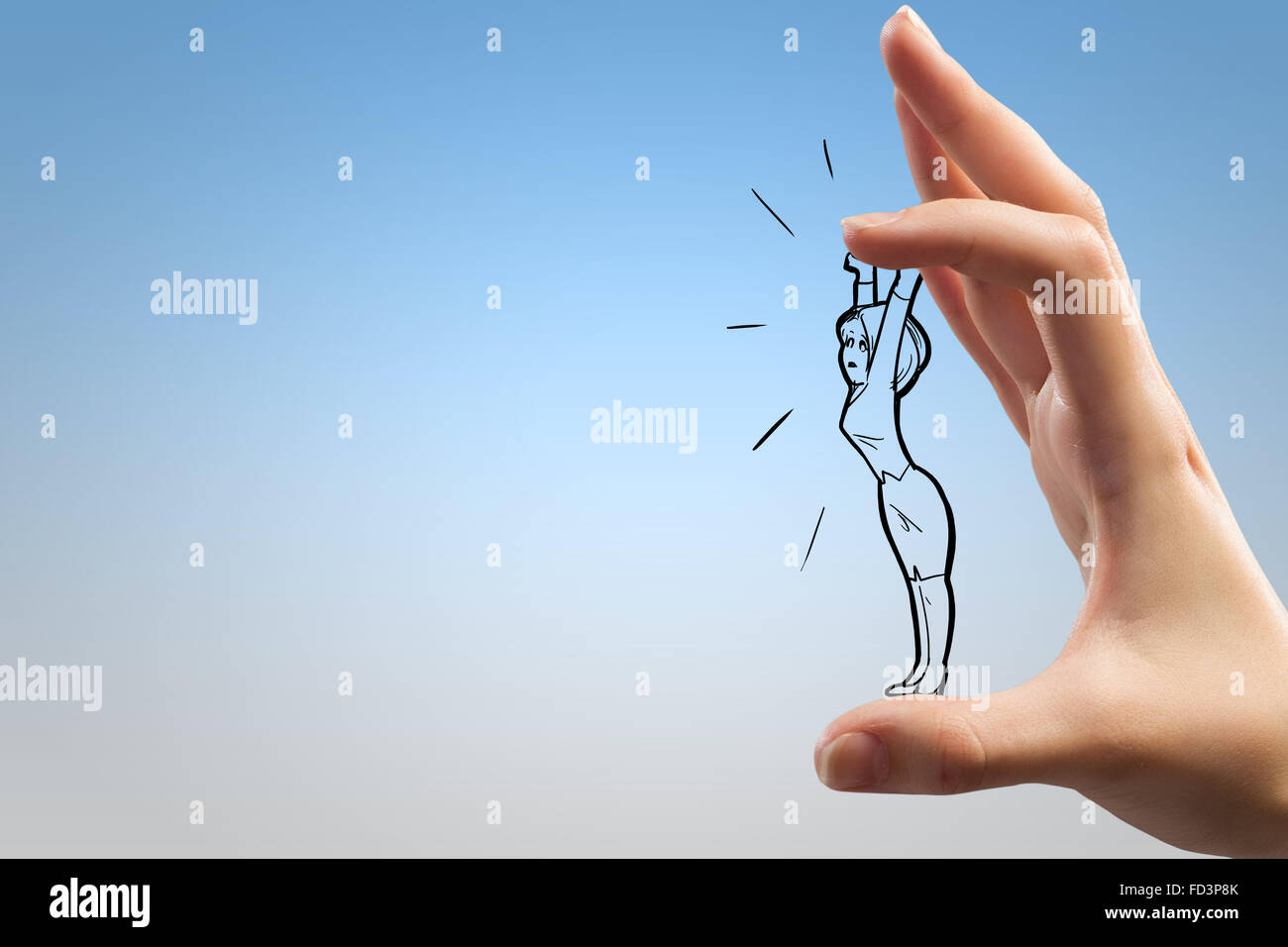 Human hand and funny caricature of businesswoman Stock Photo - Alamy