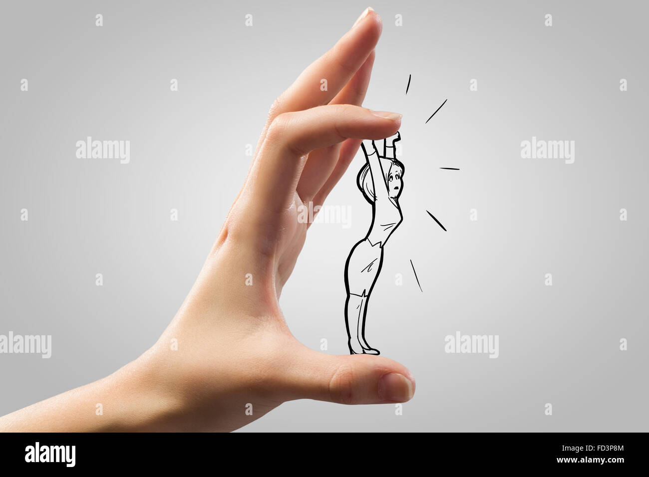 Human hand and funny caricature of businesswoman Stock Photo - Alamy