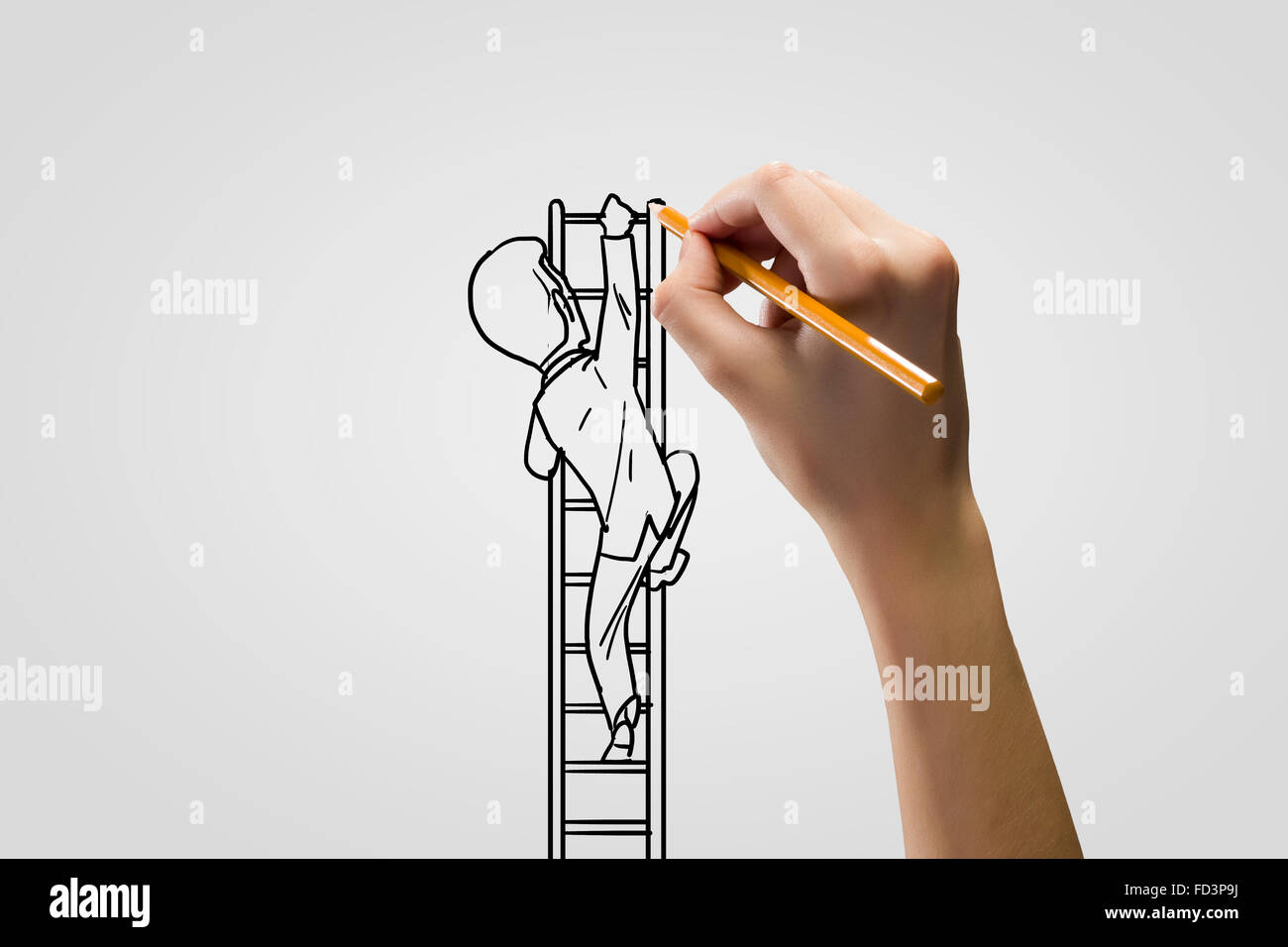Human hand drawing caricature of man climbing ladder Stock Photo - Alamy