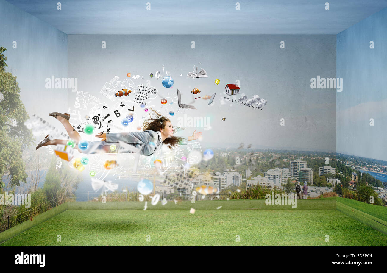 Young woman with megaphone flying in sky and announcing something Stock ...