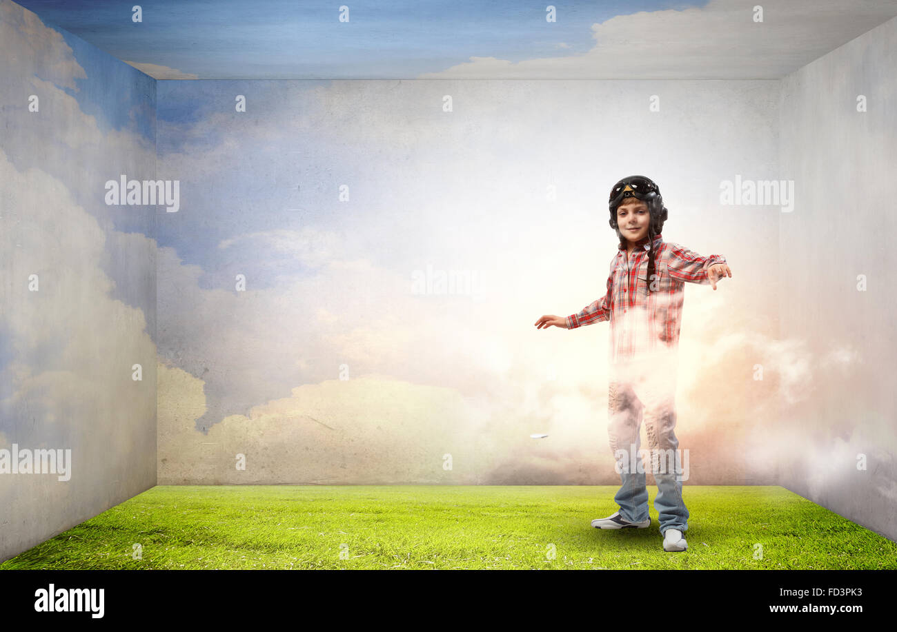 Little cute boy in pilot helmet and paper airplanes flying around Stock ...