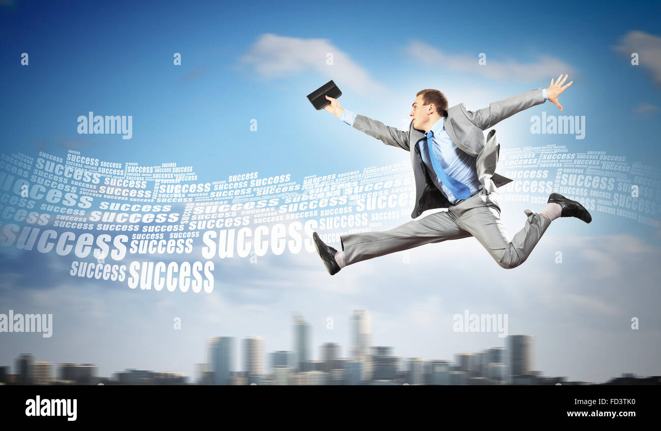 Image of a businessman jumping high against financial background Stock ...