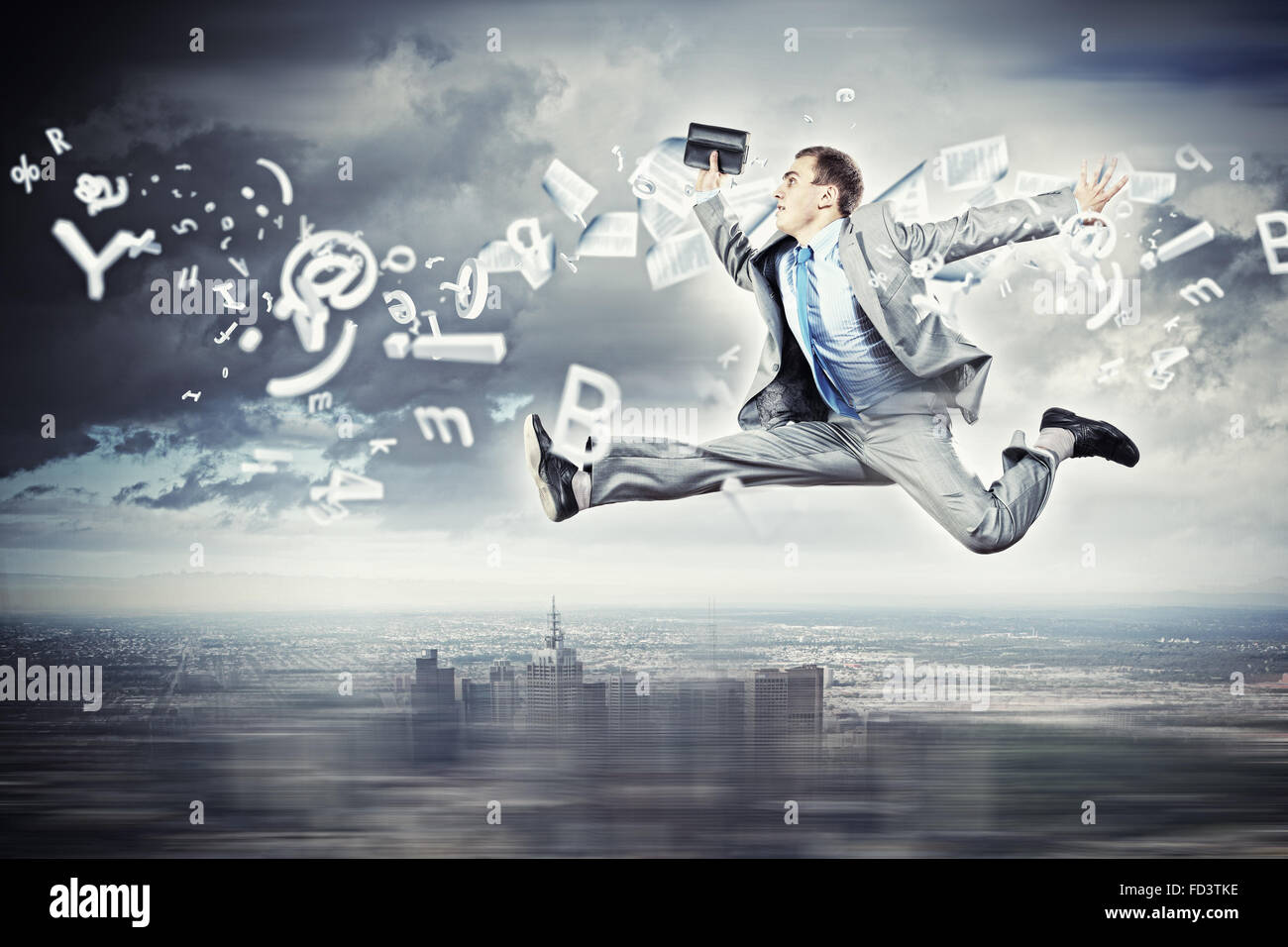 Image of a businessman jumping high against financial background Stock ...