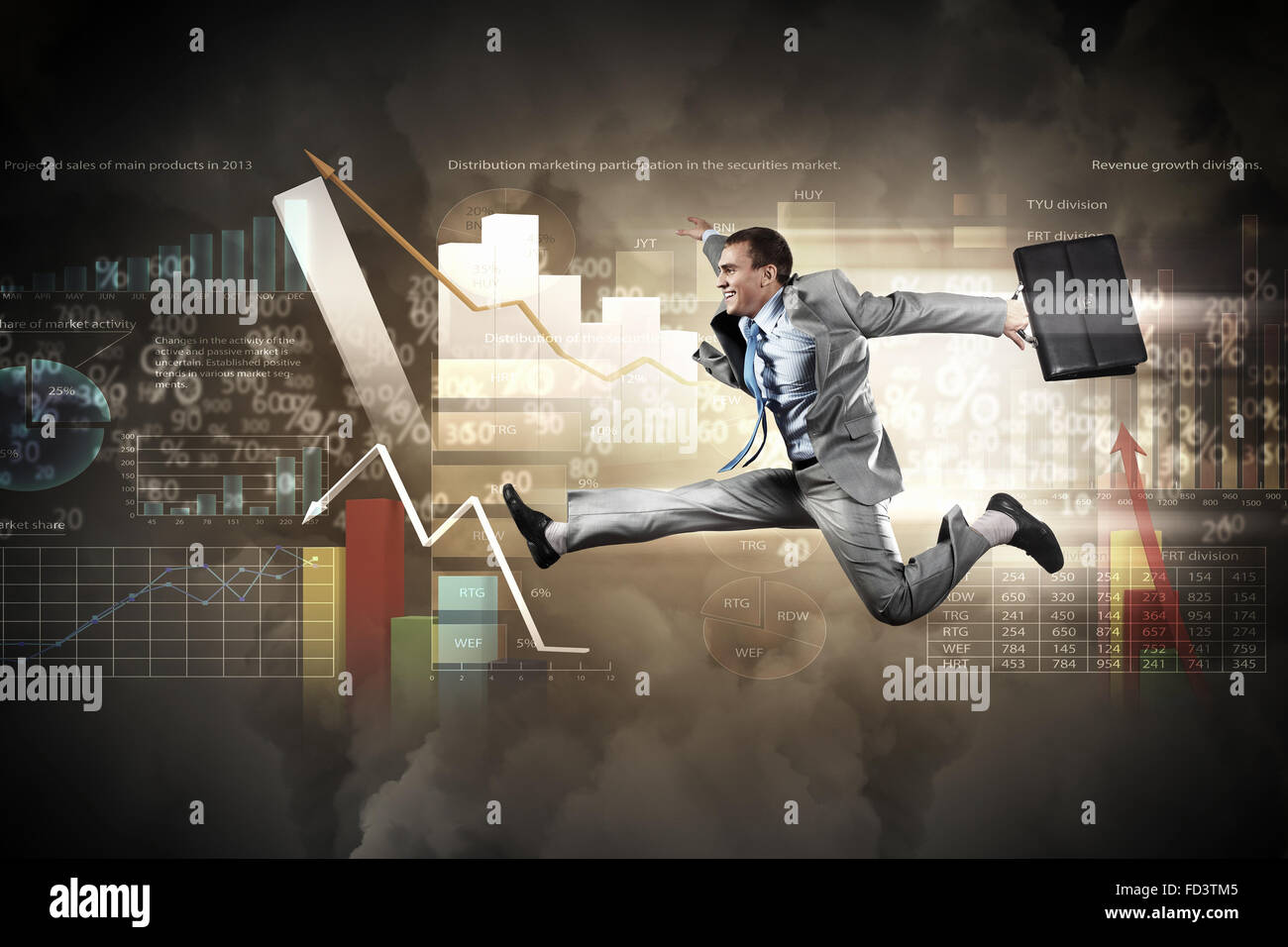 Image of a businessman jumping high against financial background Stock ...