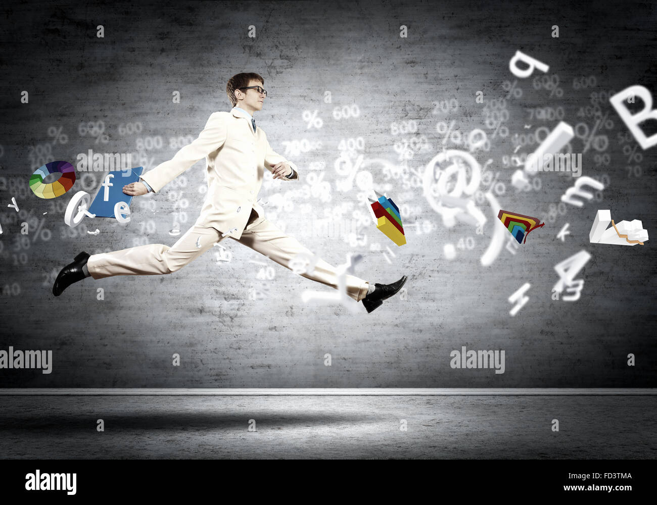 Image of a businessman jumping high against financial background Stock ...