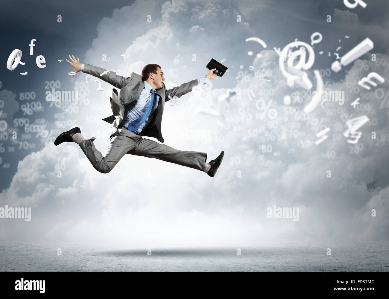 Image of a businessman jumping high against financial background Stock ...