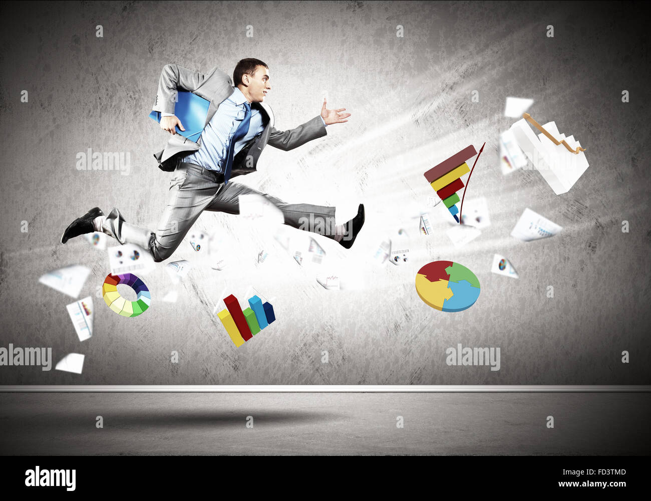 Image of a businessman jumping high against financial background Stock ...