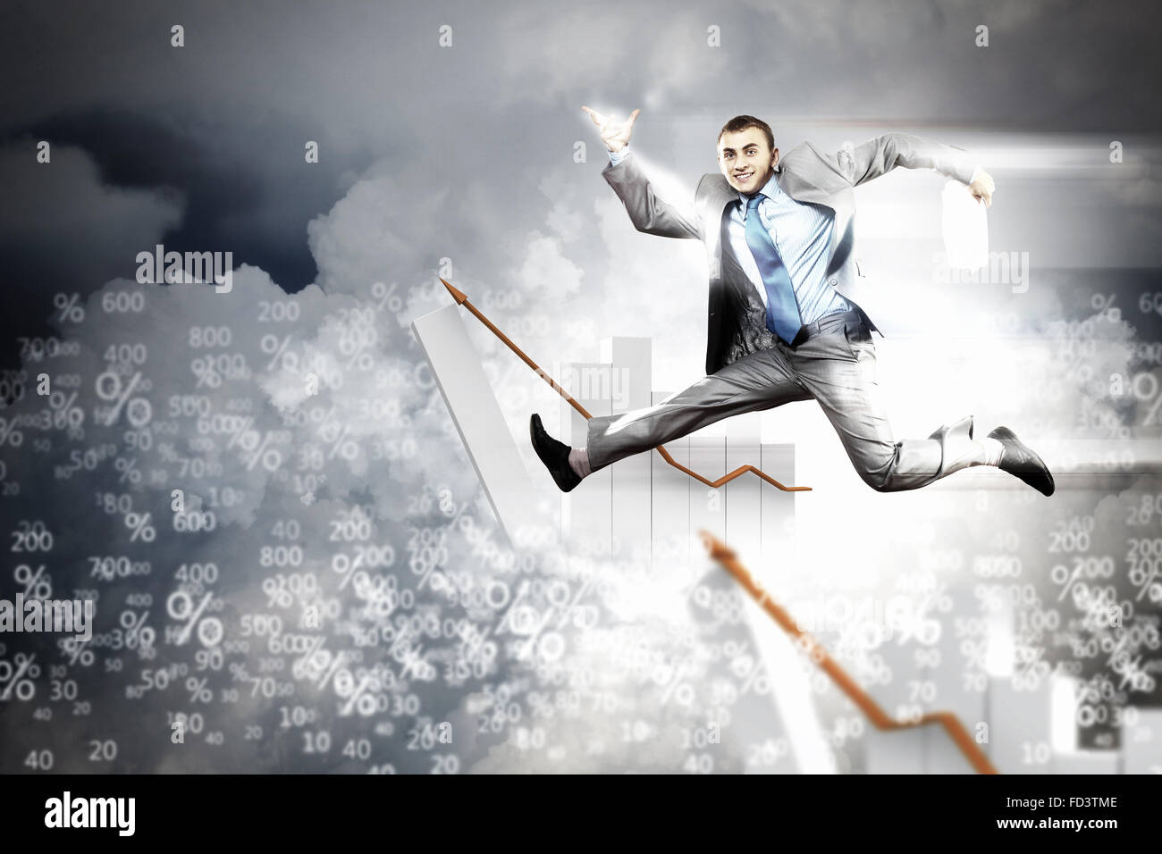 Image of a businessman jumping high against financial background Stock ...