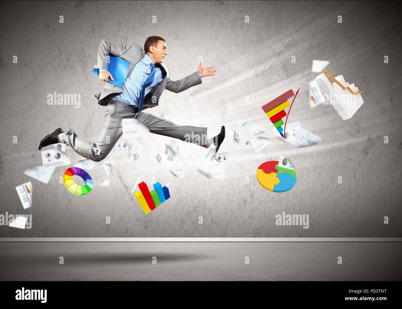 Image of a businessman jumping high against financial background Stock ...