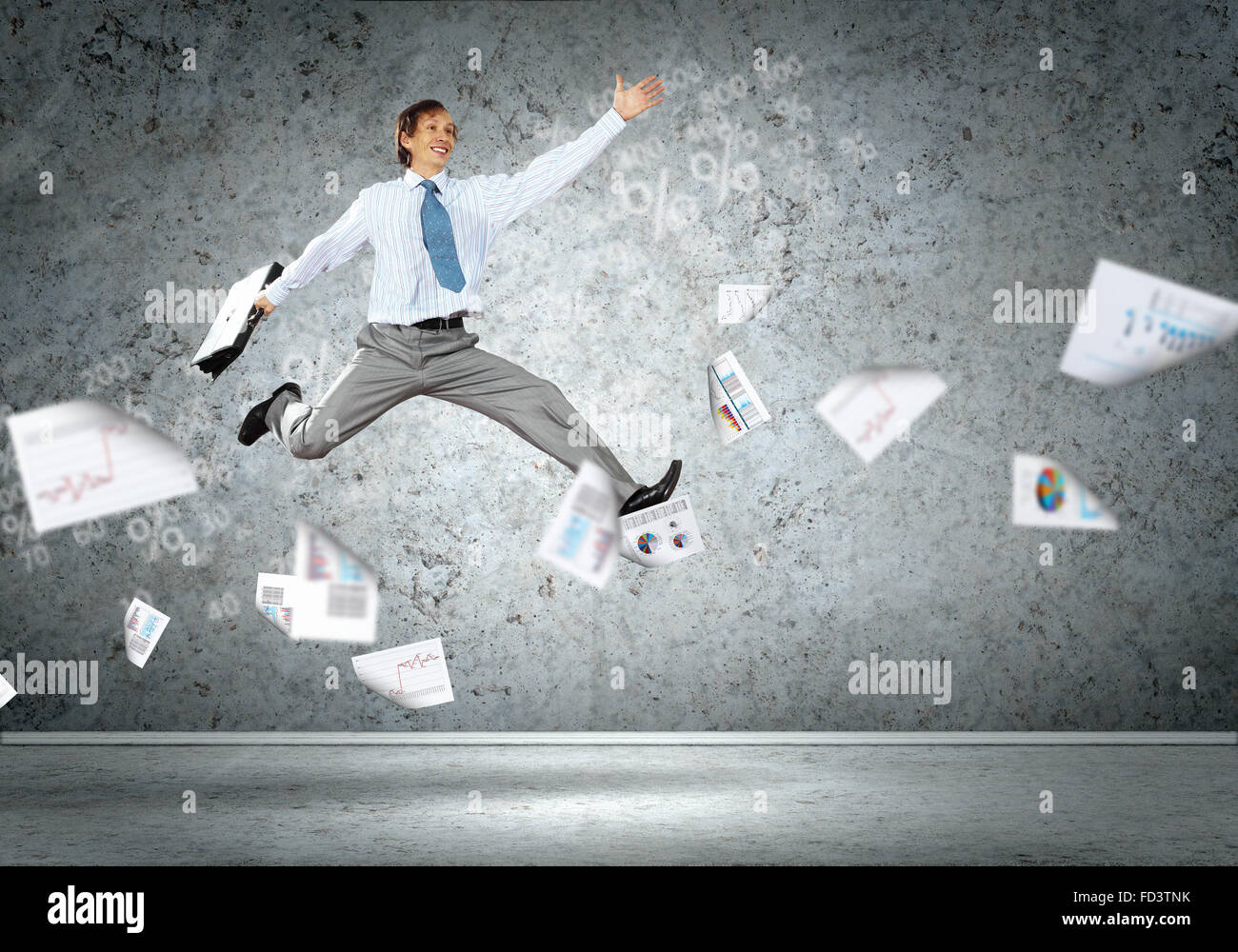 Image of a businessman jumping high against financial background Stock ...