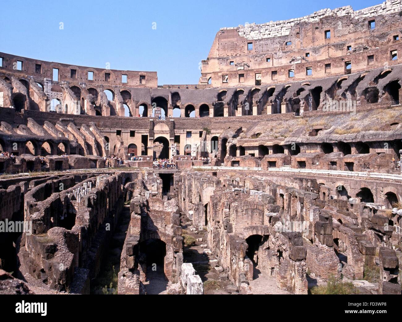 View of the inside of the Roman Colosseum showing the underground ...