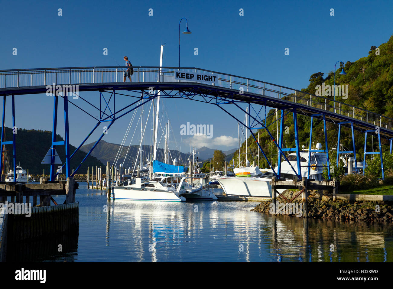Pedestrian bridge and marina, Picton, Marlborough Sounds, South Island ...