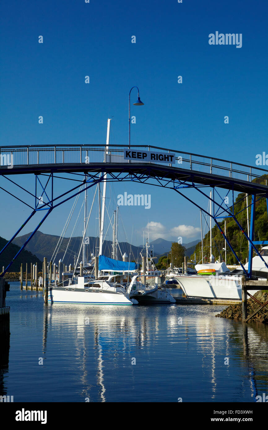 Pedestrian bridge and marina, Picton, Marlborough Sounds, South Island ...