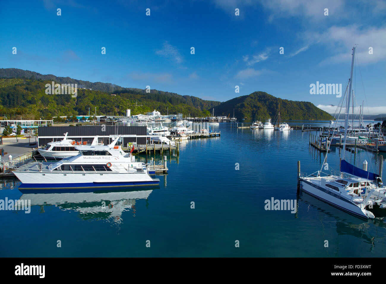 Tour boat and marina, Picton, Marlborough Sounds, South Island, New ...