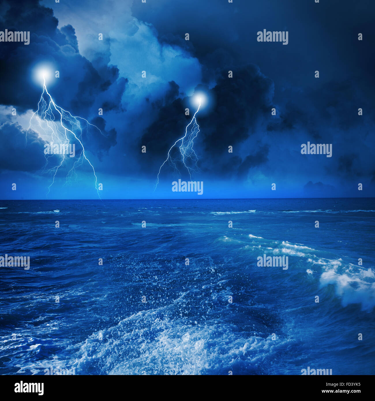 Image of night stormy sea with big waves and lightning Stock Photo - Alamy