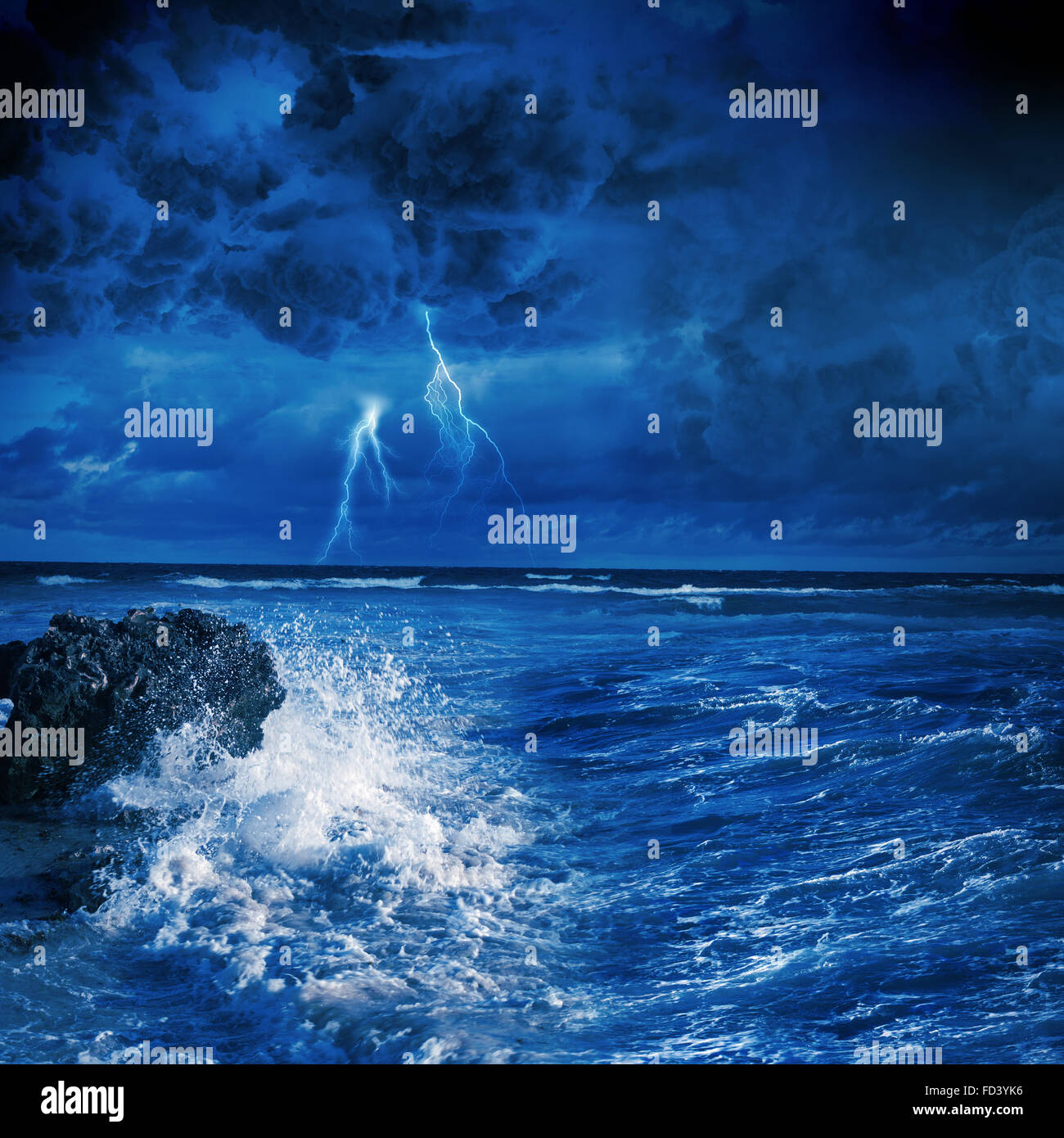 Image of night stormy sea with big waves and lightning Stock Photo - Alamy