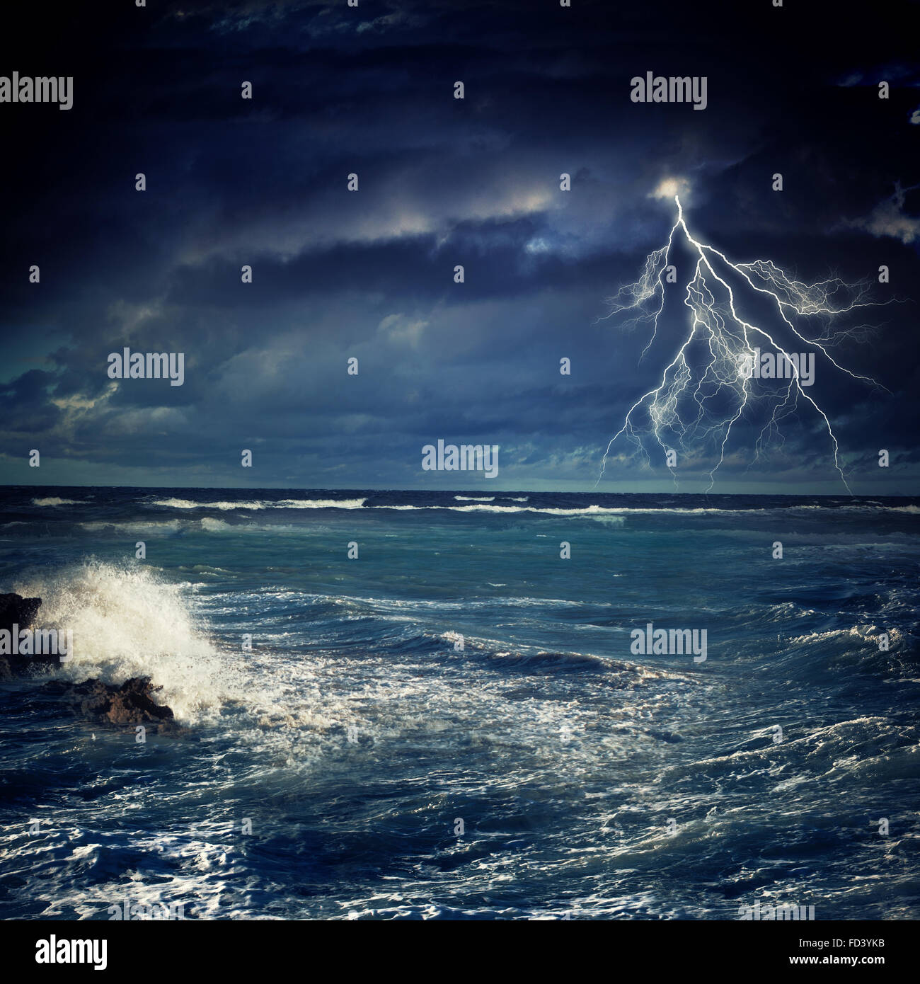 Image of night stormy sea with big waves and lightning Stock Photo - Alamy