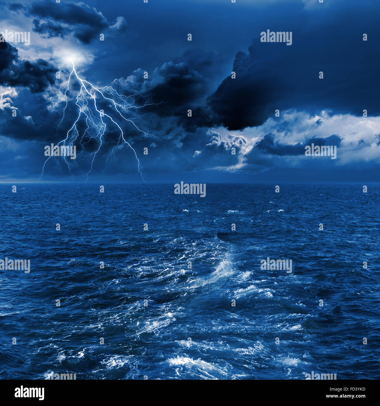 Image of night stormy sea with big waves and lightning Stock Photo - Alamy