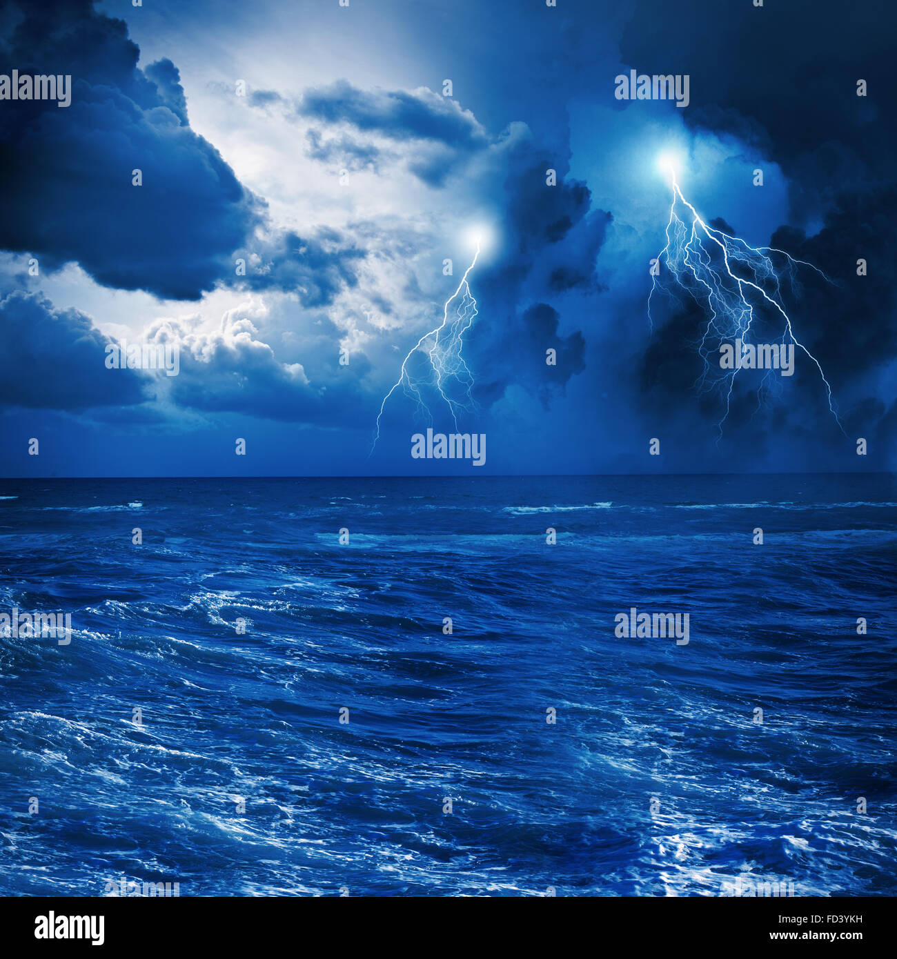 Image of night stormy sea with big waves and lightning Stock Photo - Alamy