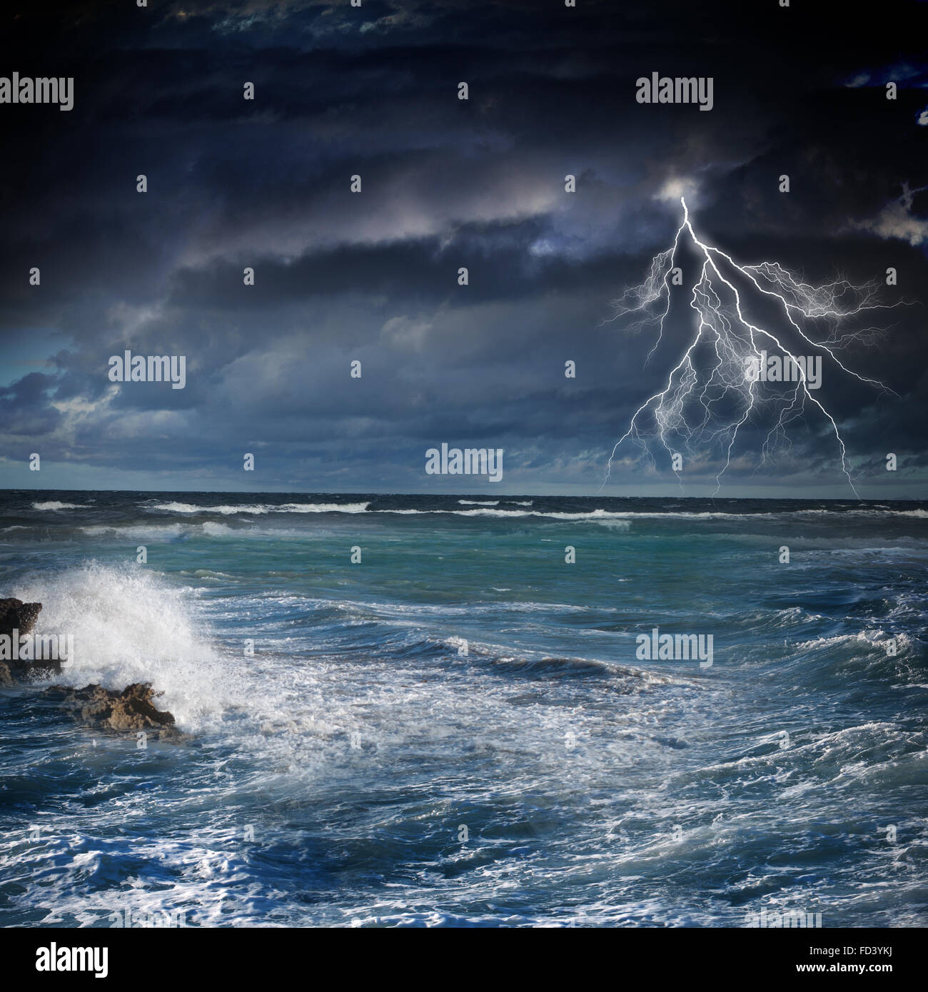 Image of night stormy sea with big waves and lightning Stock Photo - Alamy