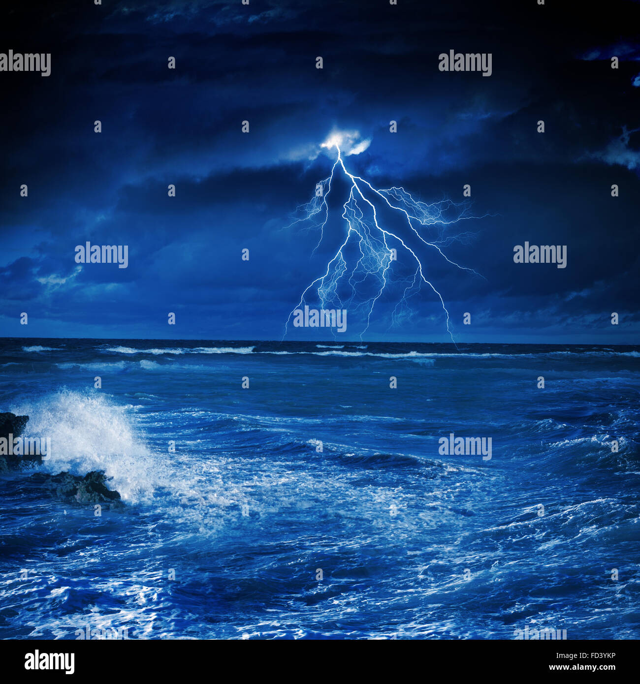 Image of night stormy sea with big waves and lightning Stock Photo - Alamy