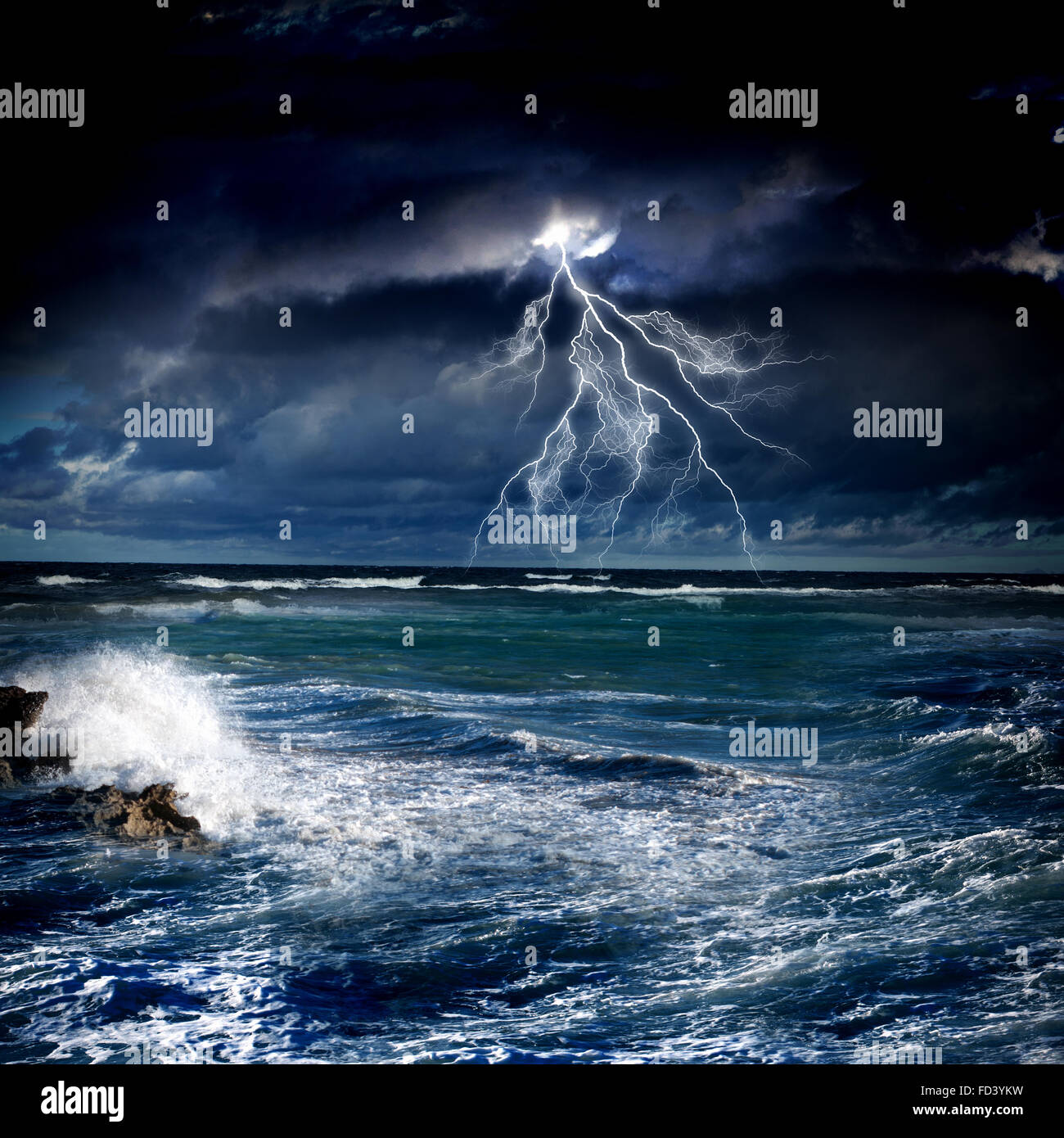 Image of night stormy sea with big waves and lightning Stock Photo - Alamy